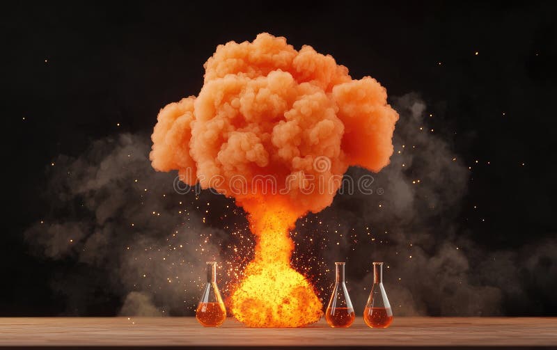 A Dramatic Explosion with Orange Smoke Billowing from Flasks on a Dark ...