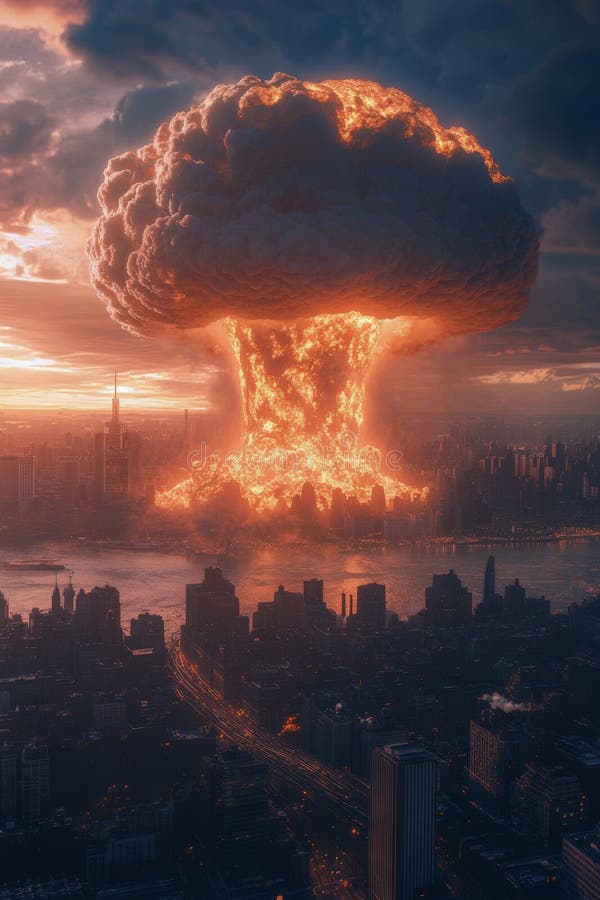 Dramatic Explosion Over a Cityscape during Twilight with Billowing ...