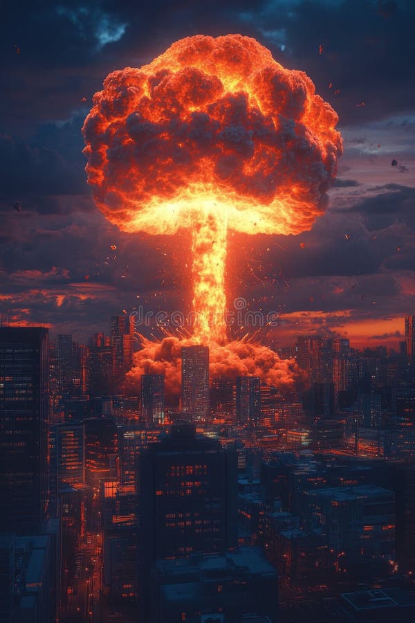 Dramatic Explosion Over a Cityscape during Twilight with Billowing ...
