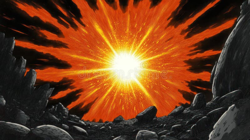 A Dramatic Explosion Radiates Light and Energy Amidst a Rocky Landscape ...