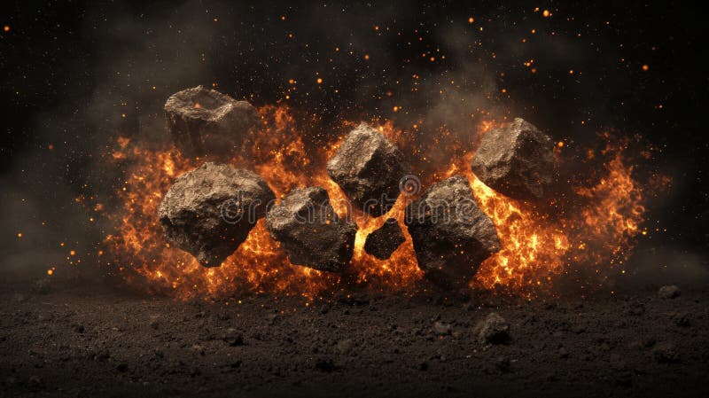 A Dramatic Explosion of Rocks and Fire Against a Dark Background. Stock ...