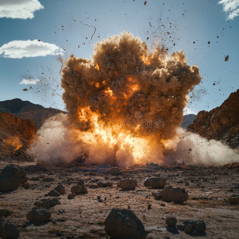 Dramatic Explosion in Rocky Landscape Amid Clear Sky and Clouds Stock ...