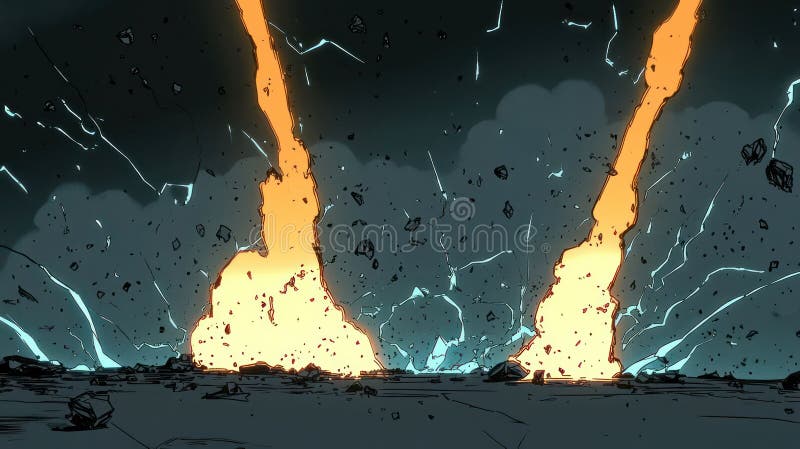 A Dramatic Explosion Scene with Fiery Blasts and Debris Flying in a ...