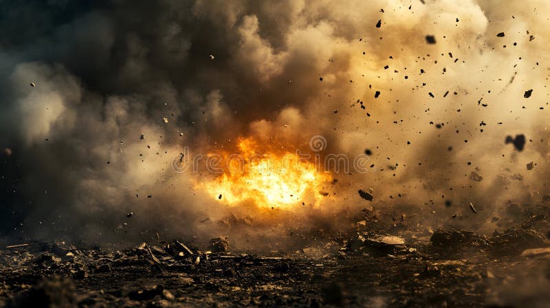 Dramatic Explosion Scene with Flying Debris and Thick Smoke Stock Image ...