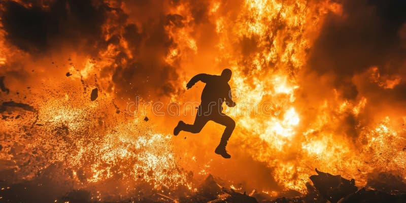Dramatic Explosion with Silhouetted Figure Leaping through Flames and ...