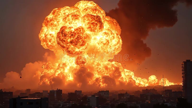 Dramatic Explosion in an Urban Environment Creating a Fiery Orange ...