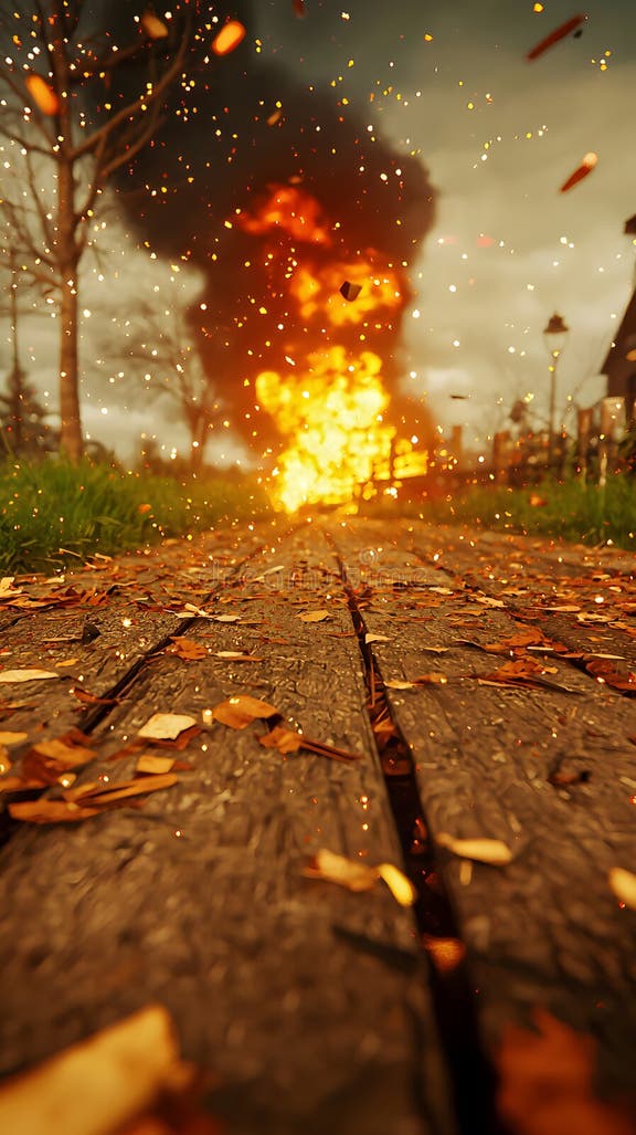 Dramatic Explosion on a Wooden Pathway Stock Illustration ...