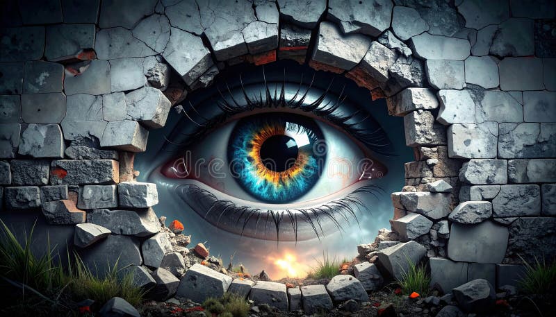 Dramatic Eye Peering through a Crumbling Brick Wall, Symbolizing ...