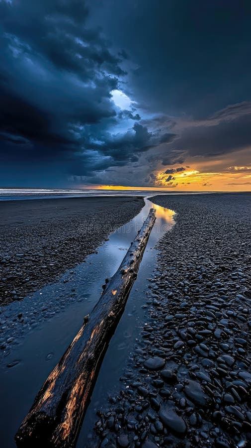A Dramatic Fallen Tree on the Shore Frames a Stunning Beach and Stormy Sea, All Lit by Golden ...