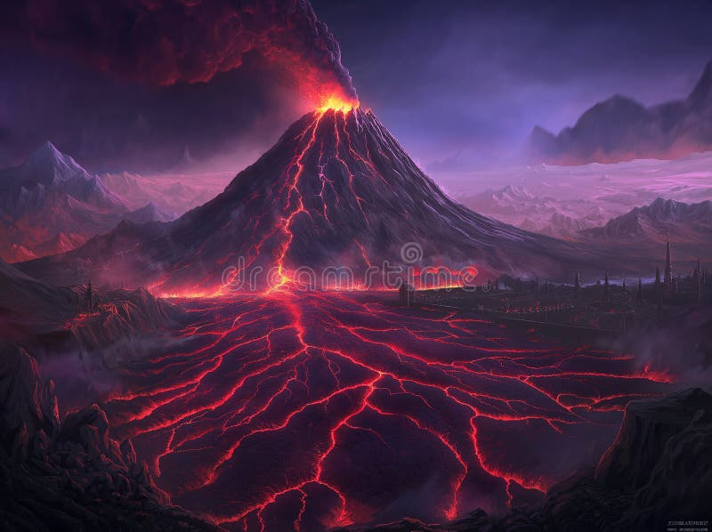 Dramatic Fantasy Landscape Featuring Massive Volcano Erupting with ...