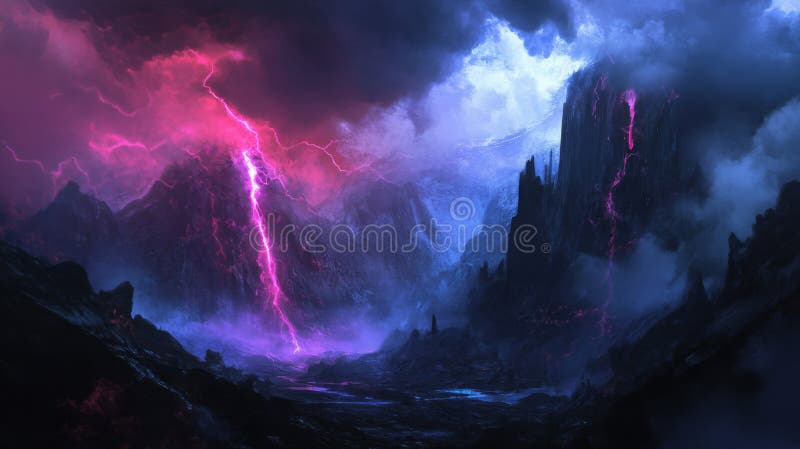 Dramatic Fantasy Landscape with Pink and Blue Lightning Storm Stock ...