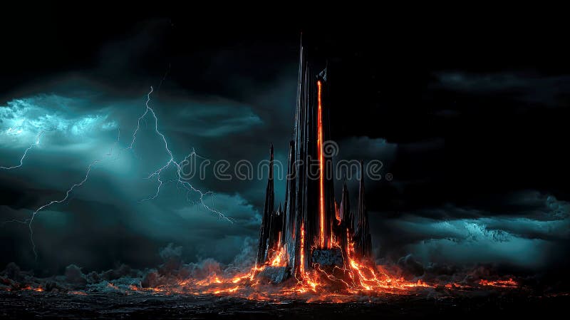 Dramatic Fantasy Scene with a Dark Tower Amidst Lightning and Lava on a Stormy Night. Stock ...
