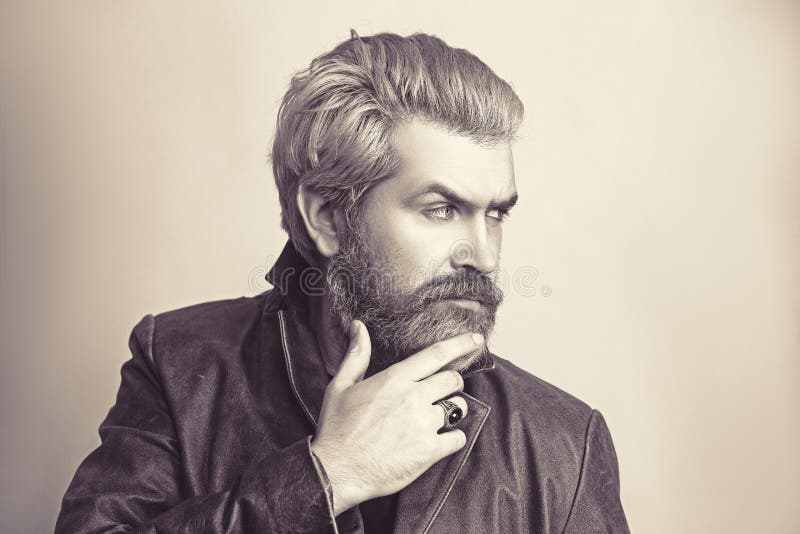 Dramatic Fashion Model Thinking in Leather Jacket. Stock Image - Image ...