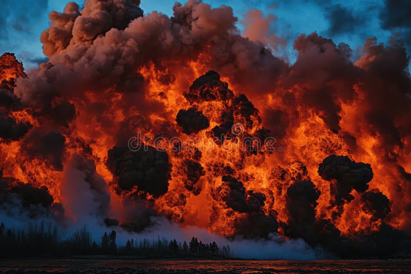 Dramatic Fiery Explosion Against a Dusk Sky Landscape for Dynamic ...