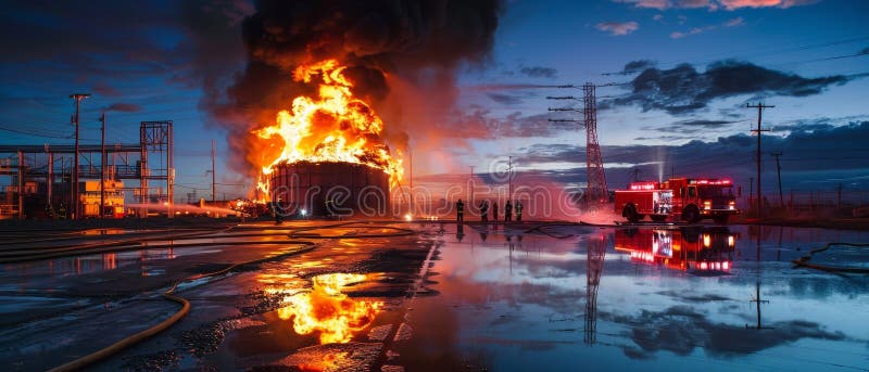 Dramatic Fiery Explosion at Industrial Plant with Reflections at Dusk ...