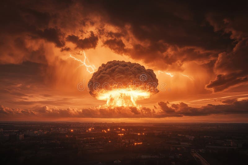 Dramatic Fiery Explosion: Massive Atomic Blast with Intense Lightning ...