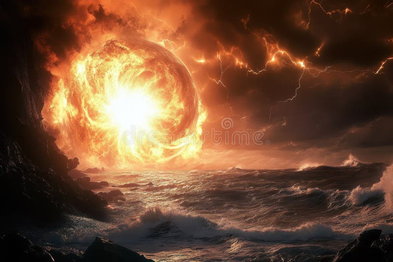 Dramatic Fiery Explosion Over Ocean Waves during a Stormy Evening at ...