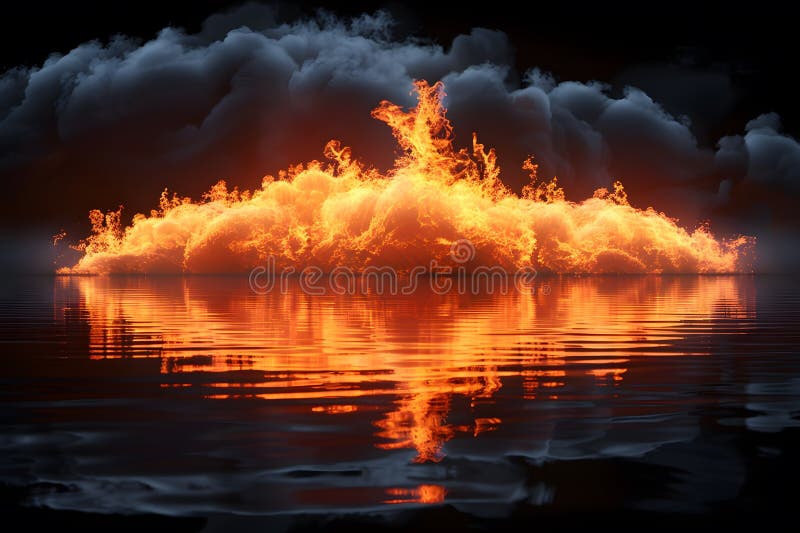 Dramatic Fiery Explosion Over Water with Reflective Flames and Smoke ...