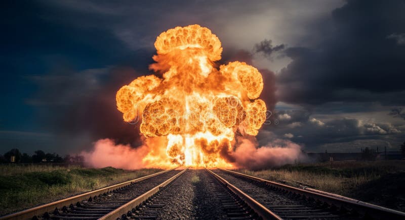 Dramatic Fiery Explosion on Railroad Tracks at Dusk Stock Photo - Image ...