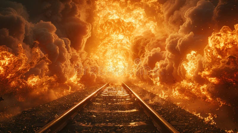 Dramatic Fiery Explosion on Railway Tracks Surrounded by Billowing ...