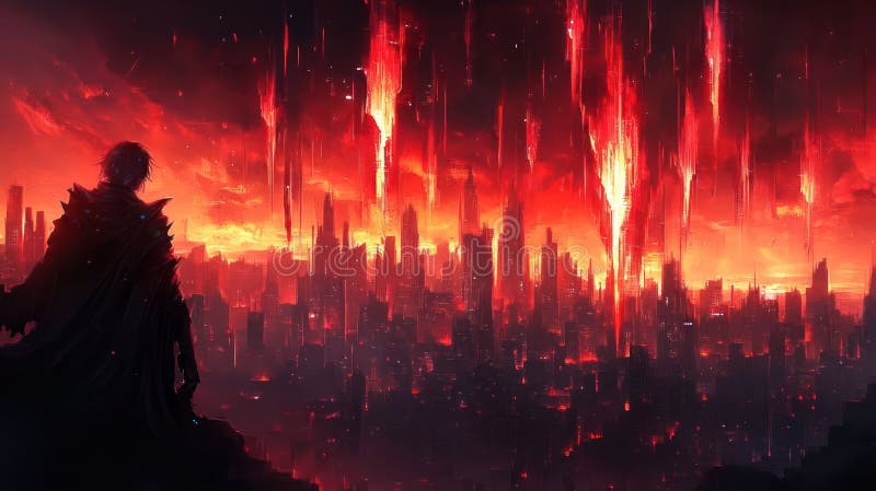 A Dramatic, Fiery Landscape Depicting a Ruined City Under a Hellish Sky ...