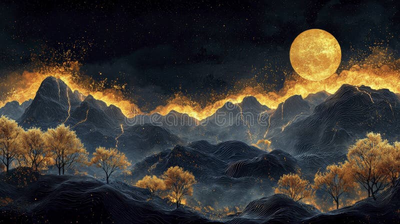 Dramatic Fiery Landscape with Moonlit Peaks Stock Illustration ...