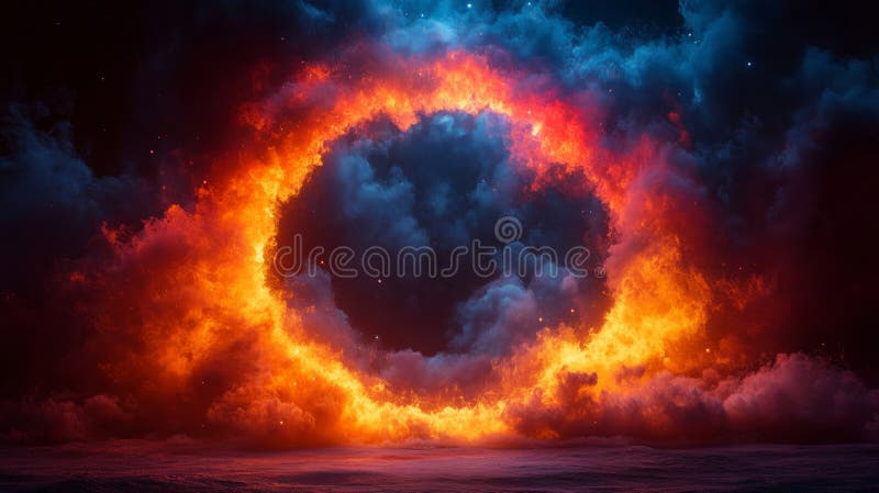 Dramatic Fiery Sky with Circular Glow and Dark Clouds Stock Image ...