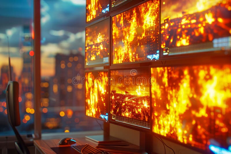 Dramatic Fiery Sunset Reflected on Multiple Computer Screens in an ...