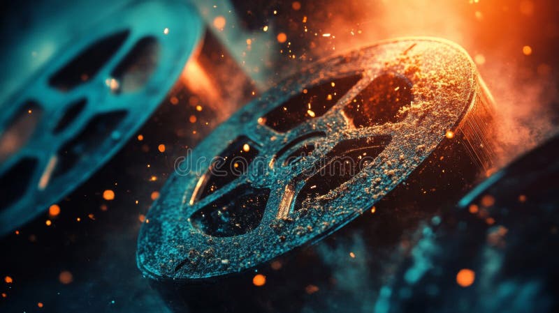 Dramatic Film Reels with Orange and Blue Lighting in a Dark Setting ...