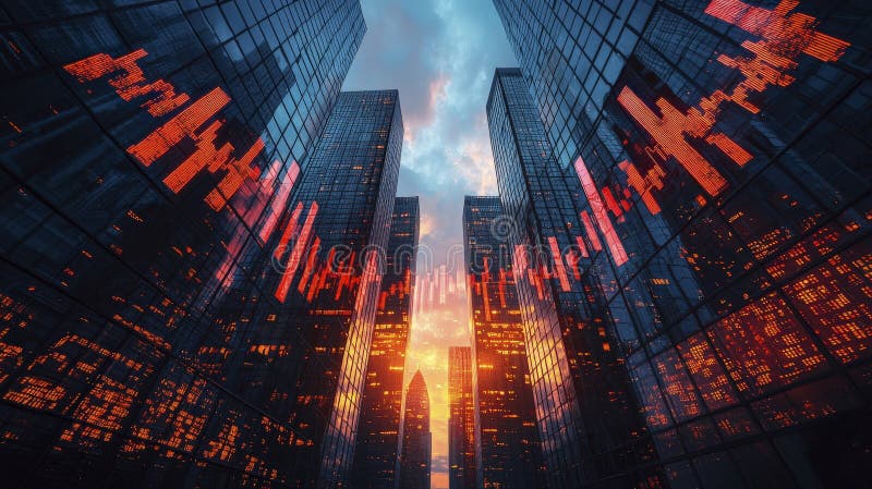 Dramatic Financial Data Visualization on Urban Skyline Stock ...