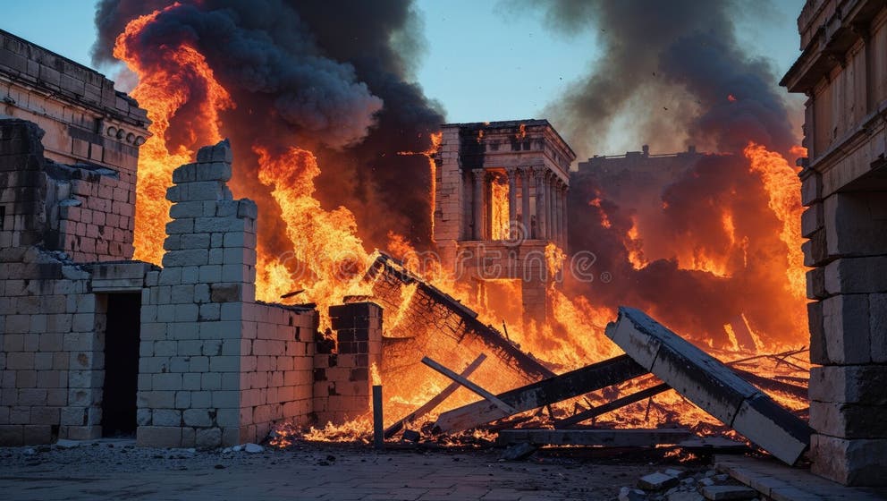 Dramatic Fire Engulfing Ancient Structures High Resolution Picture ...