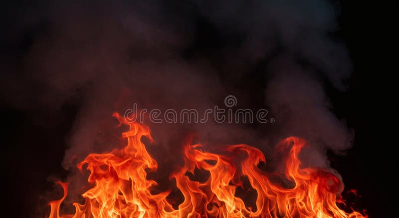 Dramatic Fire Flames and Smoke Rising on Black Background for Creative ...
