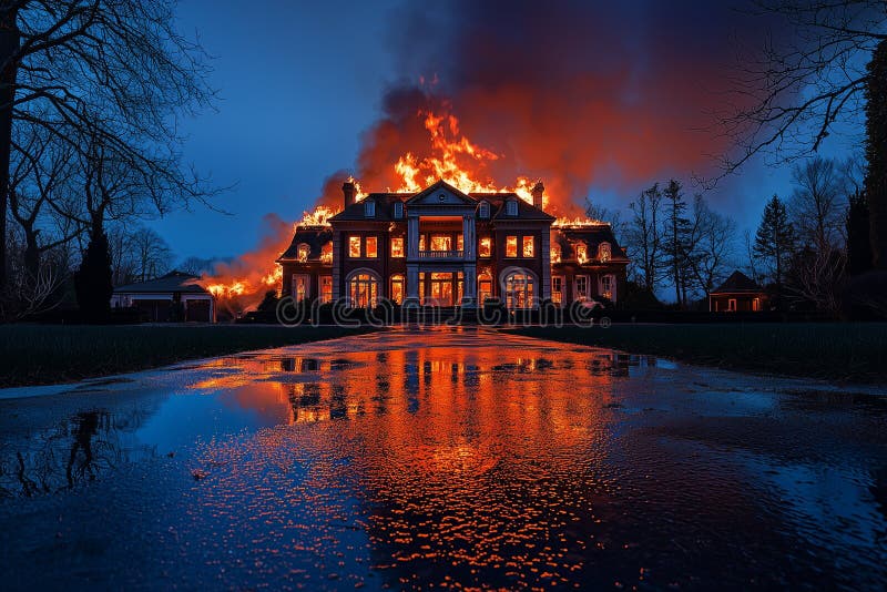 Dramatic Fire in Luxury Mansion Stock Illustration - Illustration of ...