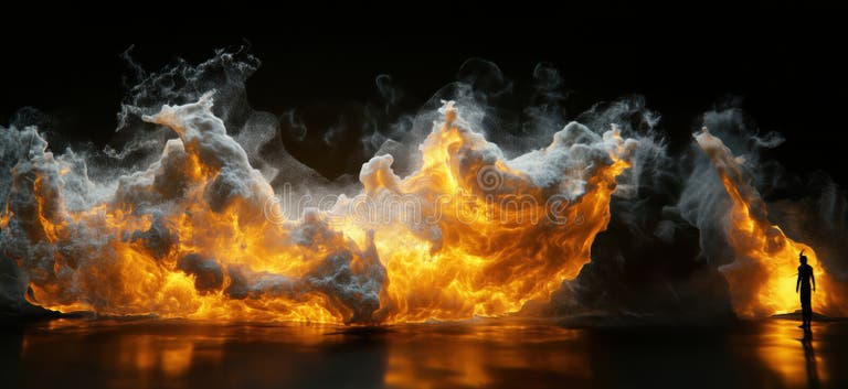 Dramatic Fire and Smoke Visualization with Silhouetted Figure in Dark ...