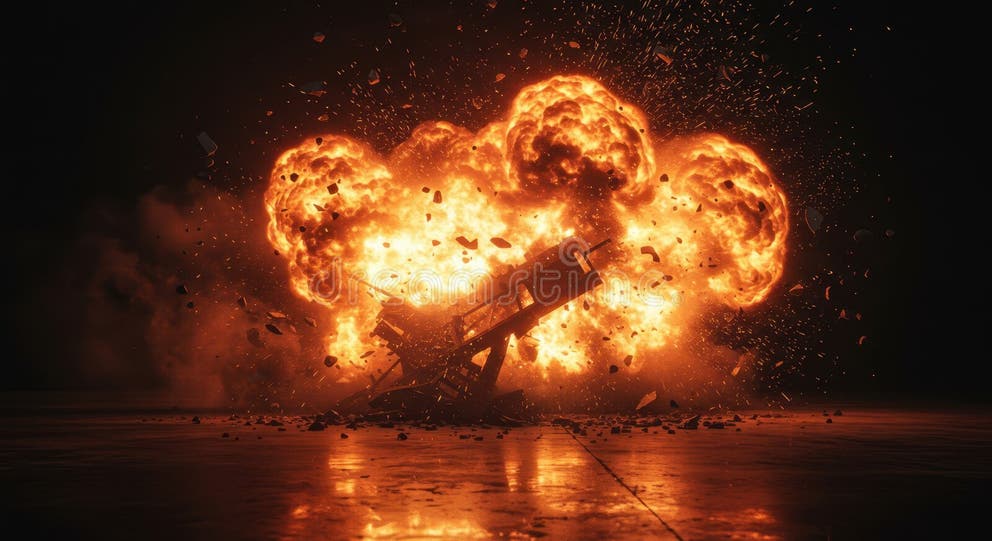 Dramatic Fireball Explosion with Debris and Intense Flames at Night ...