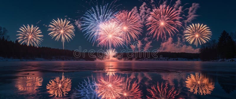 A Dramatic Fireworks Display Reflected on a Perfectly Smooth Frozen ...