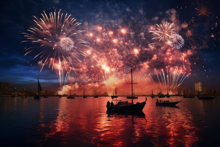 A Dramatic Fireworks Show Creates a Dynamic Backdrop Stock Illustration ...