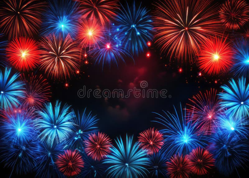 Dramatic Fireworks Silhouette Border Striking Red and Blue Design for ...
