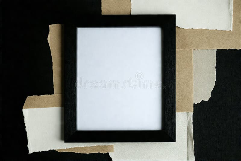 Flat Lay of Bold Black Picture Frame with Torn Paper Textures and ...