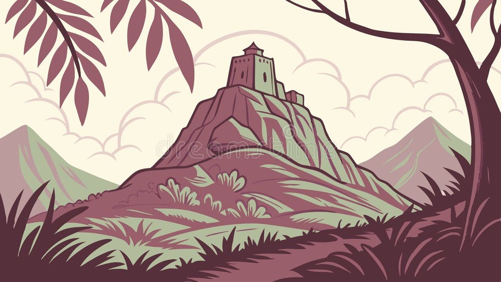 Rocky Mountain with Ancient Structures, Mystical Landscape Vector Art ...