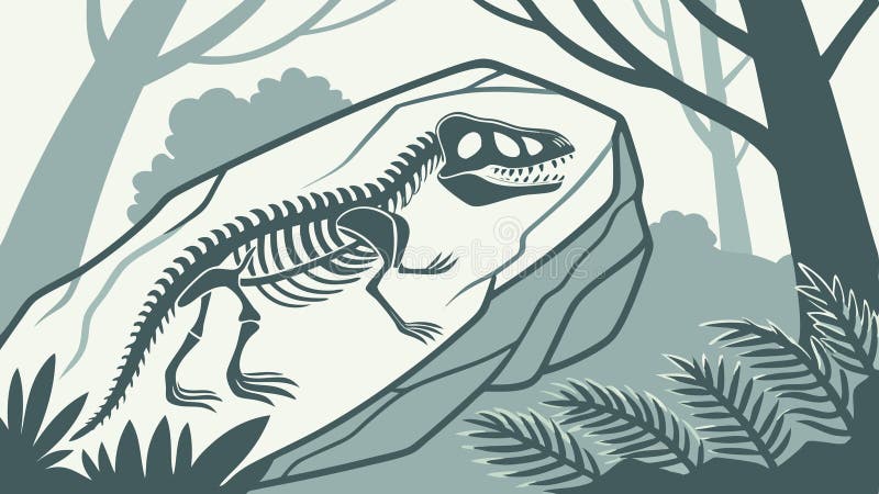 Dinosaur Skeleton on a Rocky Outcrop in a Forest, Vector Design ...