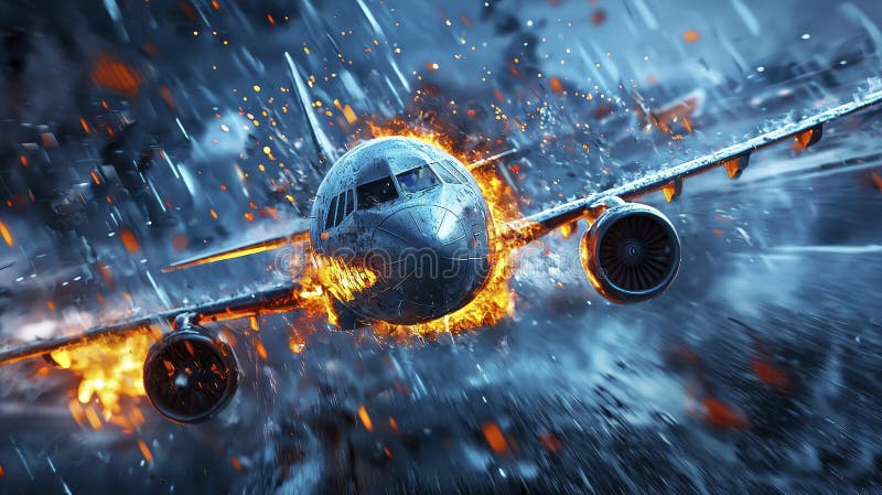 Dramatic Flight Scene of Airplane in Turbulent Weather and Flames Stock ...