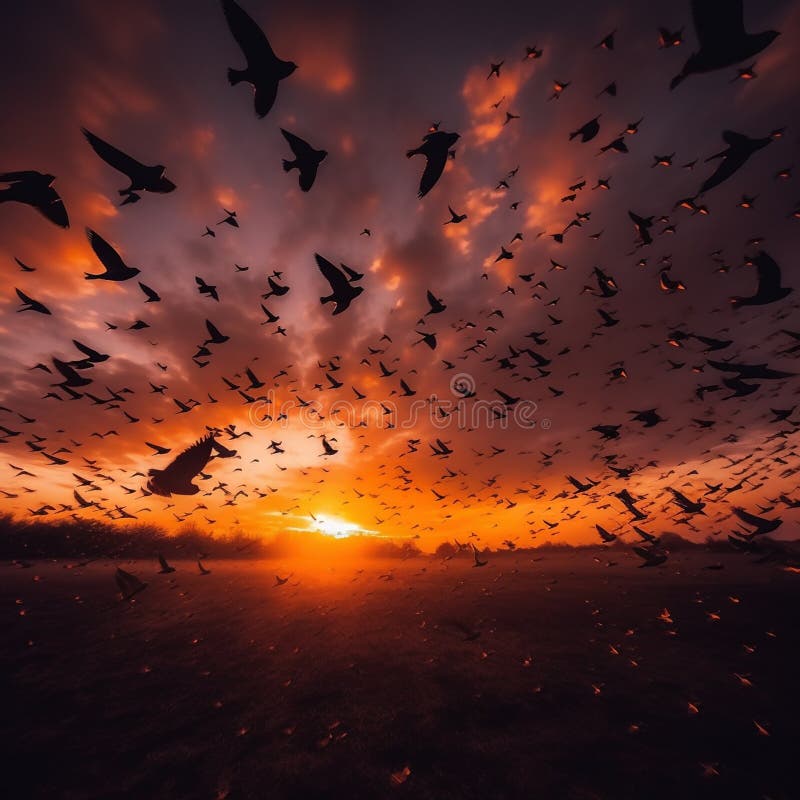 Dramatic Flock of Birds Flying in the Sunset, Created with Generative ...