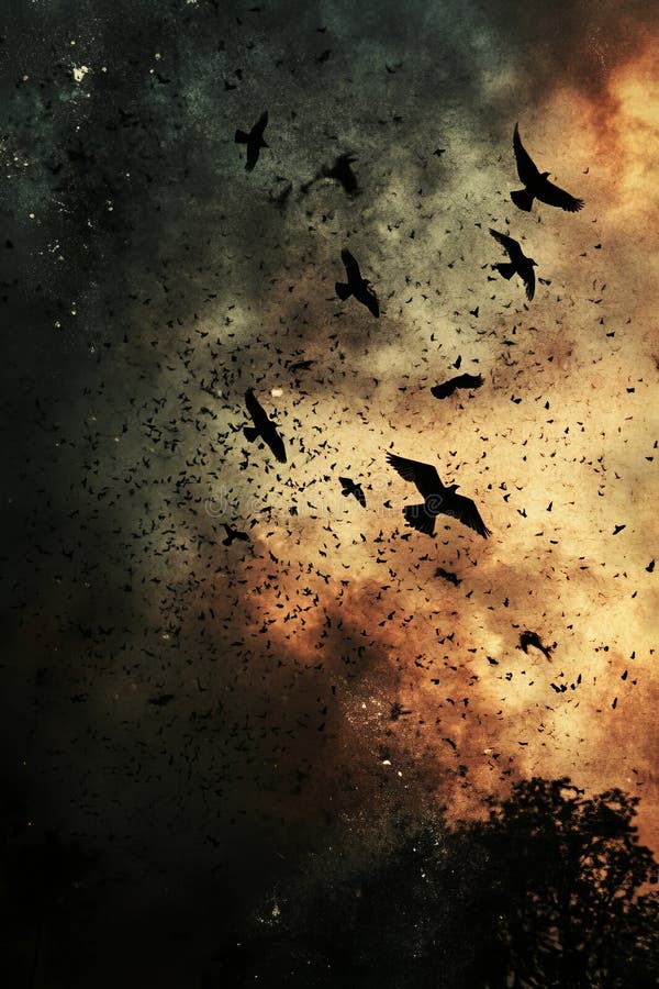 Dramatic Flock of Birds Silhouetted Against a Moody Sunset Sky with ...
