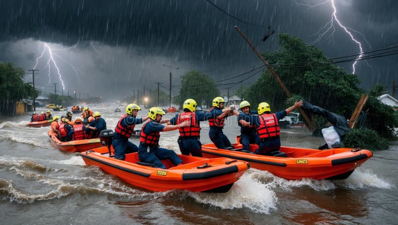 Dramatic Flood Rescue Scene – Bravery Amidst the Storm Stock ...
