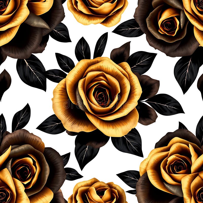 A Dramatic Floral Pattern of Black and Gold Roses Stock Illustration ...