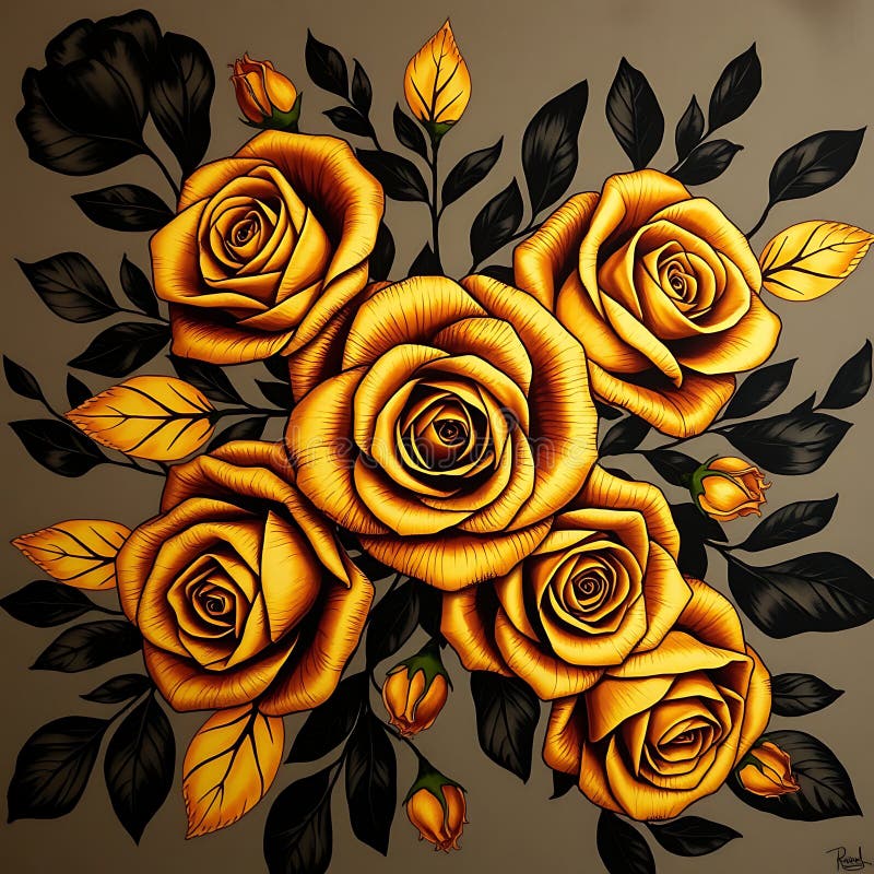 A Dramatic Floral Pattern of Black and Gold Roses Stock Illustration - Illustration of light ...