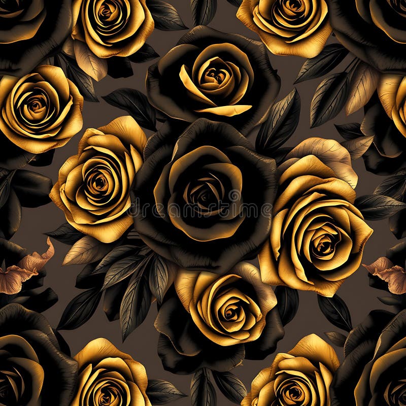 A Dramatic Floral Pattern of Black and Gold Roses Stock Illustration - Illustration of furniture ...