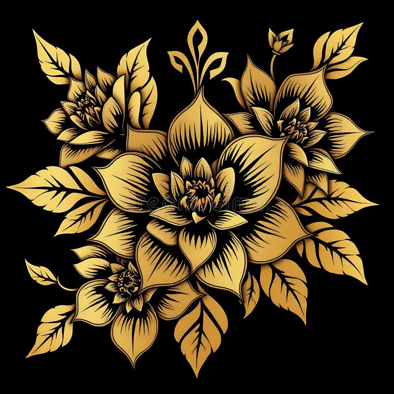 A Dramatic Floral Pattern with Metallic Outlines on a Black Background ...