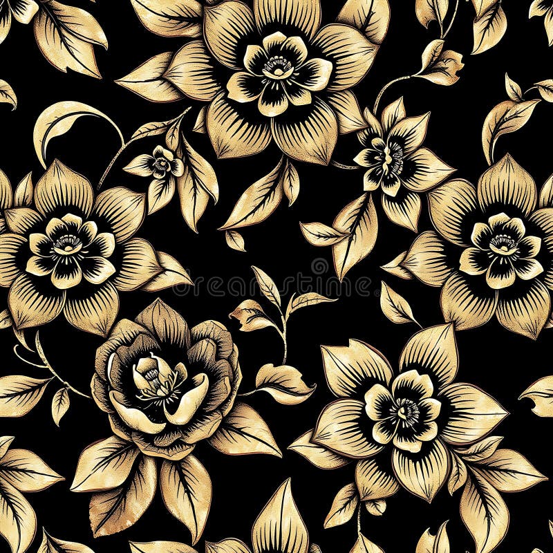 A Dramatic Floral Pattern with Metallic Outlines on a Black Background ...